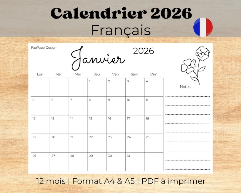 2026 French Printable Calendar - A4/A5 PDF Download – Monthly Planner ...
