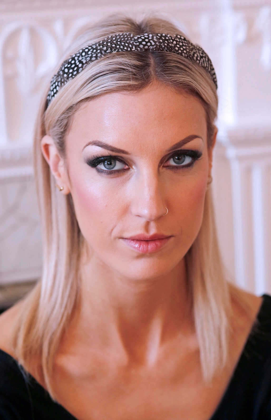 Black & White Spotty Feather Hair Band - Hand Made Using Natural Guinea ...