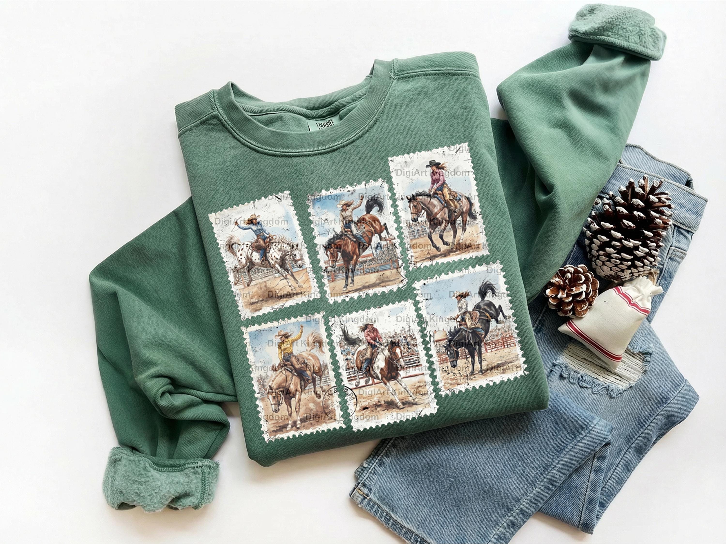Cowgirl Bucking Horse Stamp Set, Retro Western Vintage Rodeo Png ...