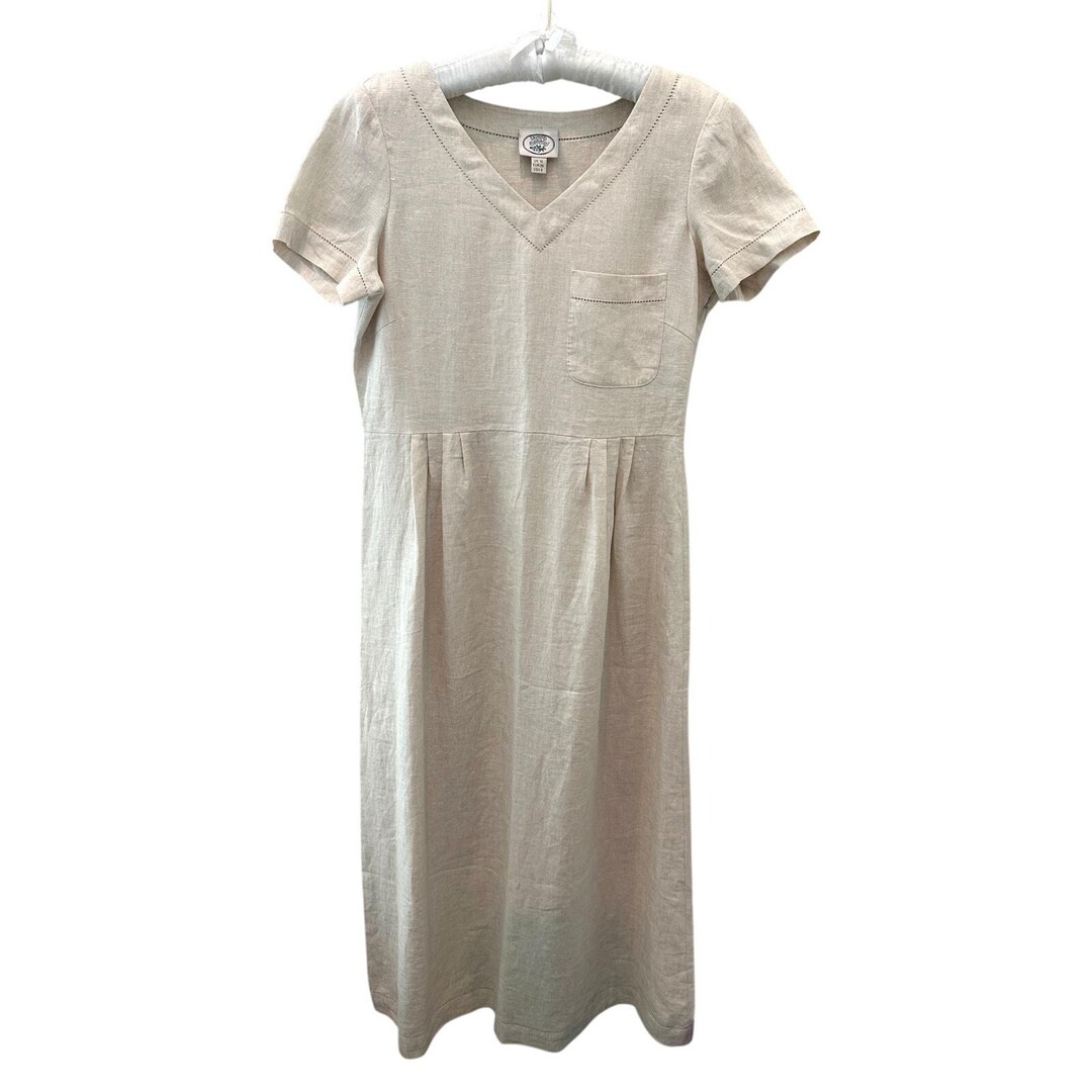 LAURA ASHLEY | Linen V-neck Short Sleeve Midi Dress Beige Y2K | Size 6 ...