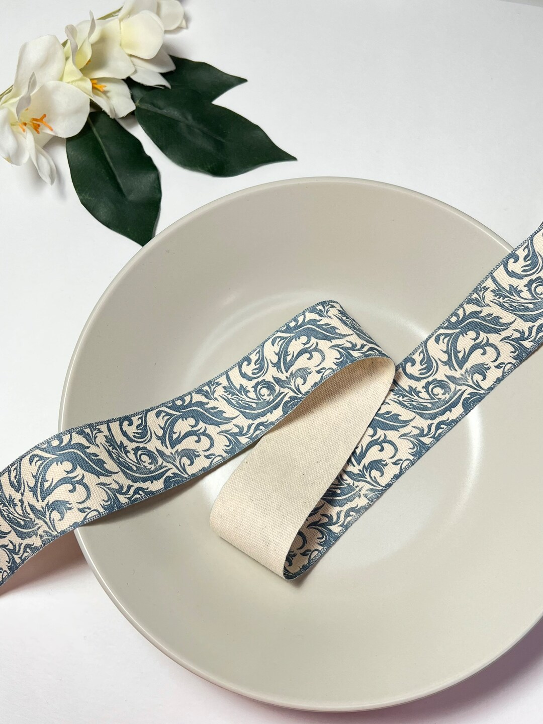 Blue Ivory Linen Ribbon, 1.5” Wide, Paisley Scroll Print, by the Yard ...