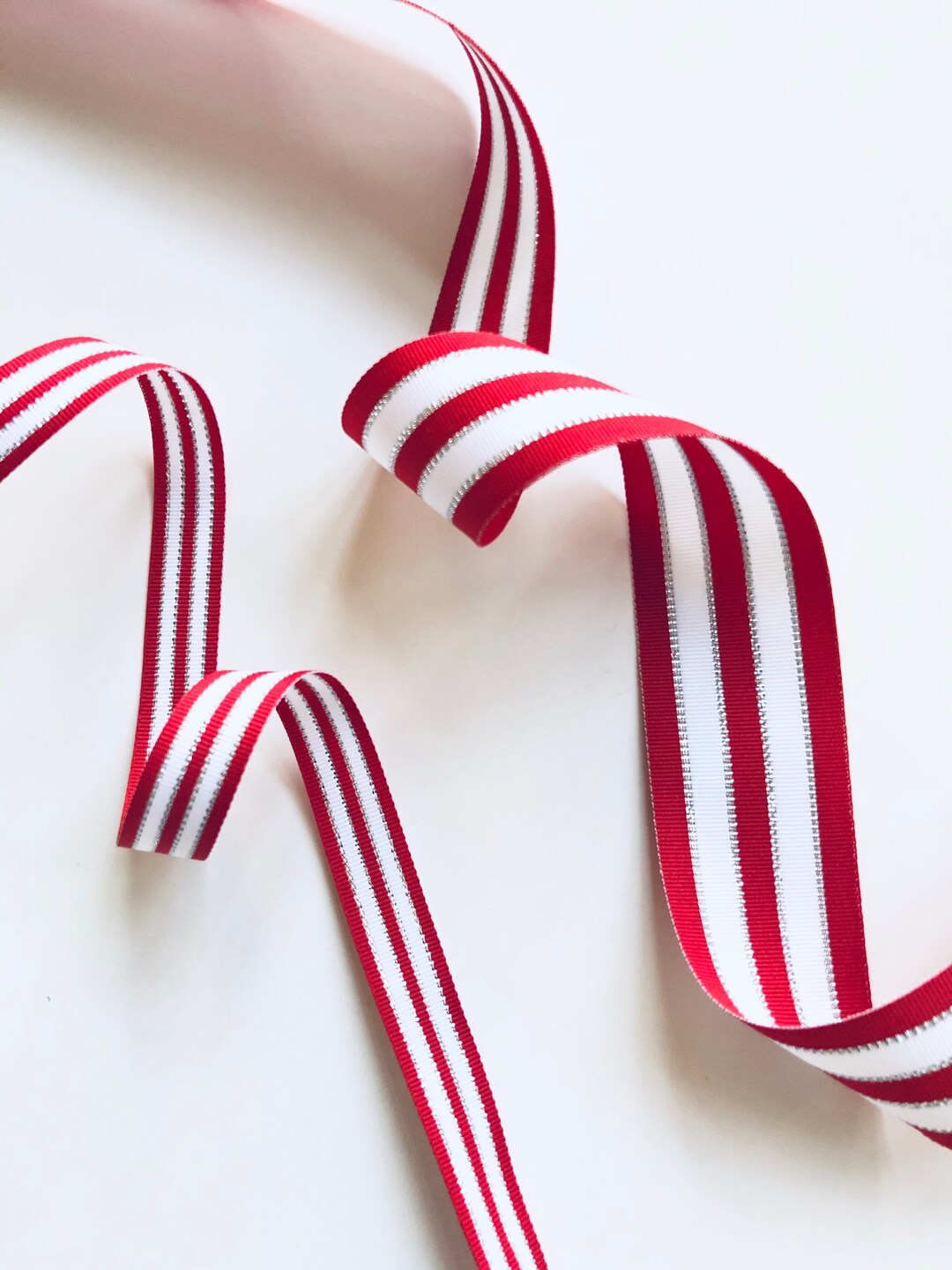 Red White & Silver Striped Ribbon, by the Yard, 3/8”, 5/8”, 7/8”, or 1. ...
