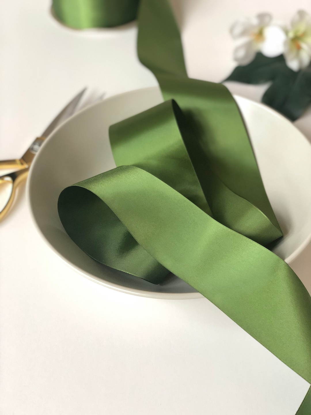 Premium Moss Green Satin Ribbon, 2 1/4”, 1.5”, 7/8”, 5 + Yards, Single ...