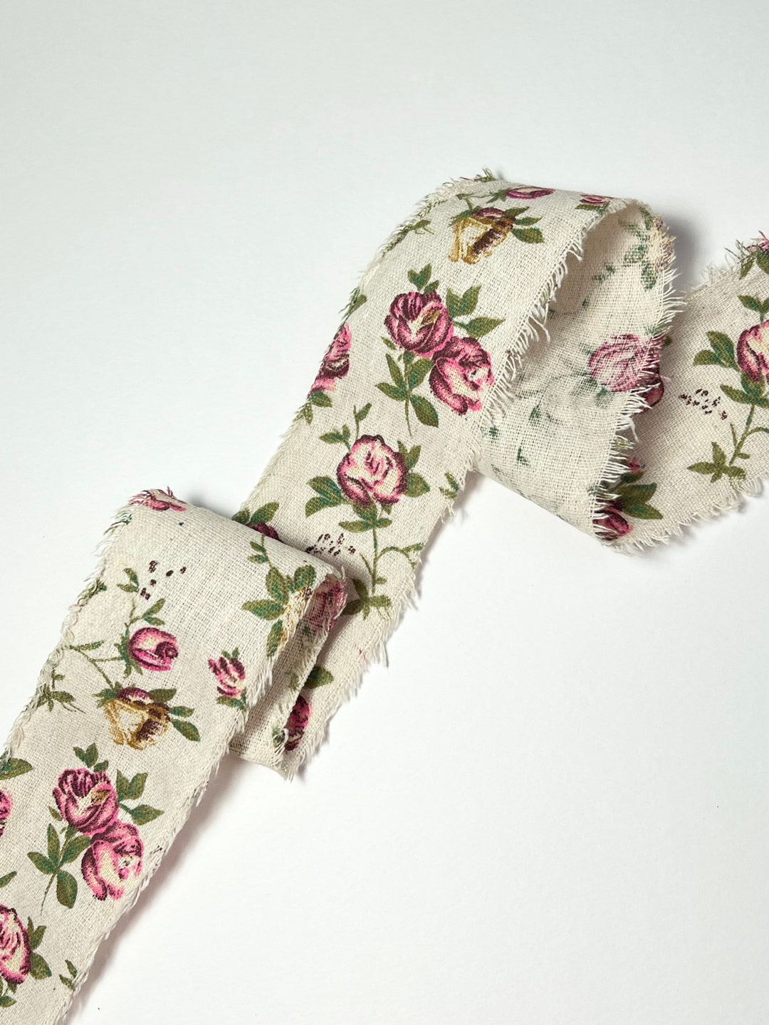 Floral Frayed Ribbon, Vintage Pink Shabby Chic Rose Print in Cotton ...
