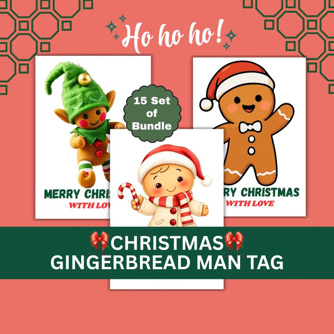 15 Gingerbread Man Gift Tags Set – Printable Christmas Tags, Holiday ...