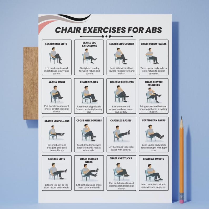Printable Chair Exercises for Abs, Mens Chair Exercise Poster, Chair ...