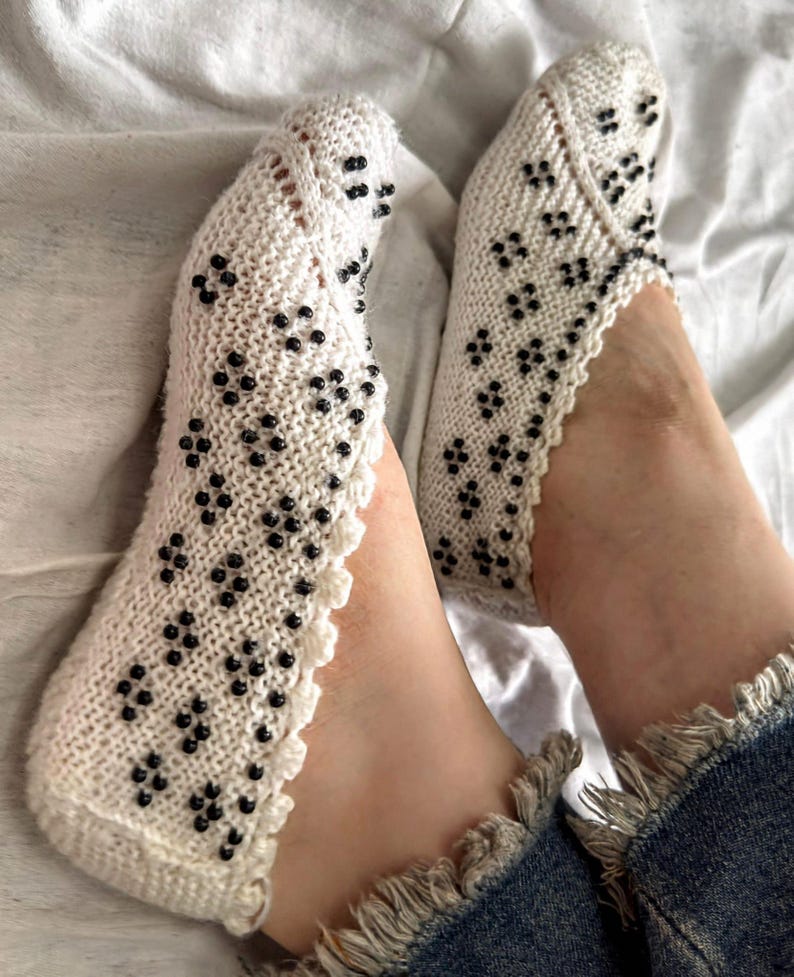 Handmade Beaded Knit Slippers: White Turkish Home Socks - Patik - Etsy