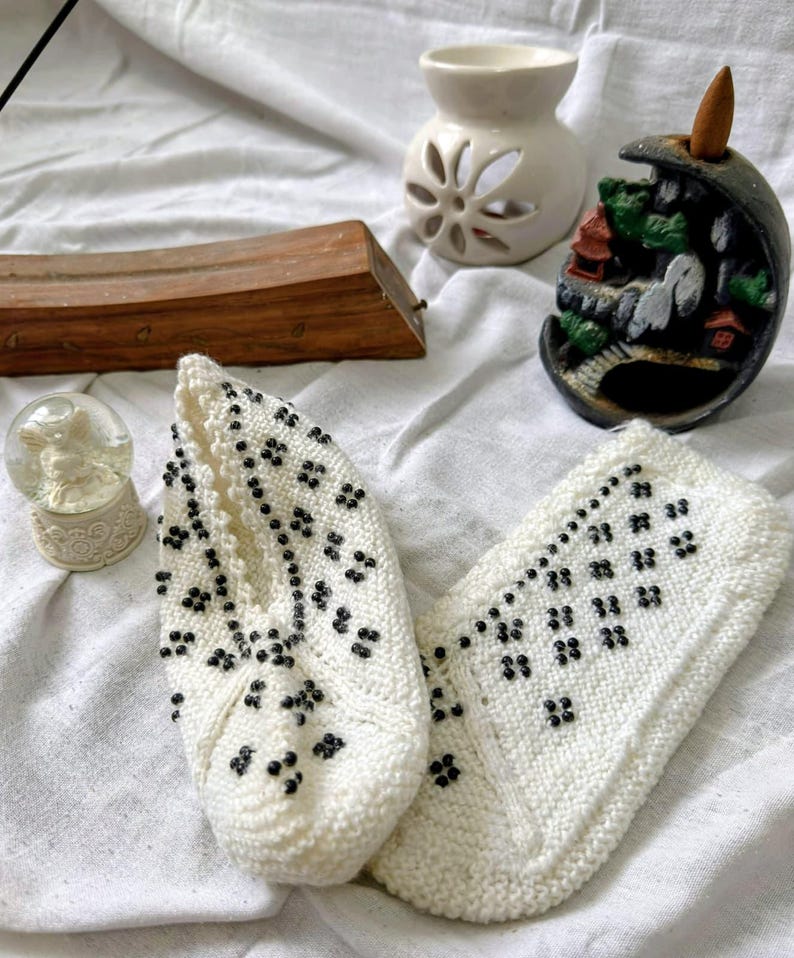 Handmade Beaded Knit Slippers: White Turkish Home Socks - Patik - Etsy