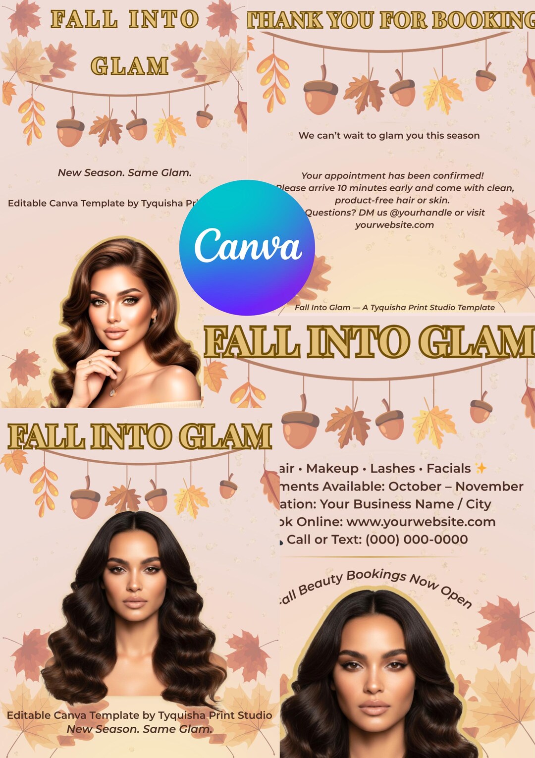 FALL INTO GLAM – 6 Editable Canva Templates | Blush & Gold Autumn ...