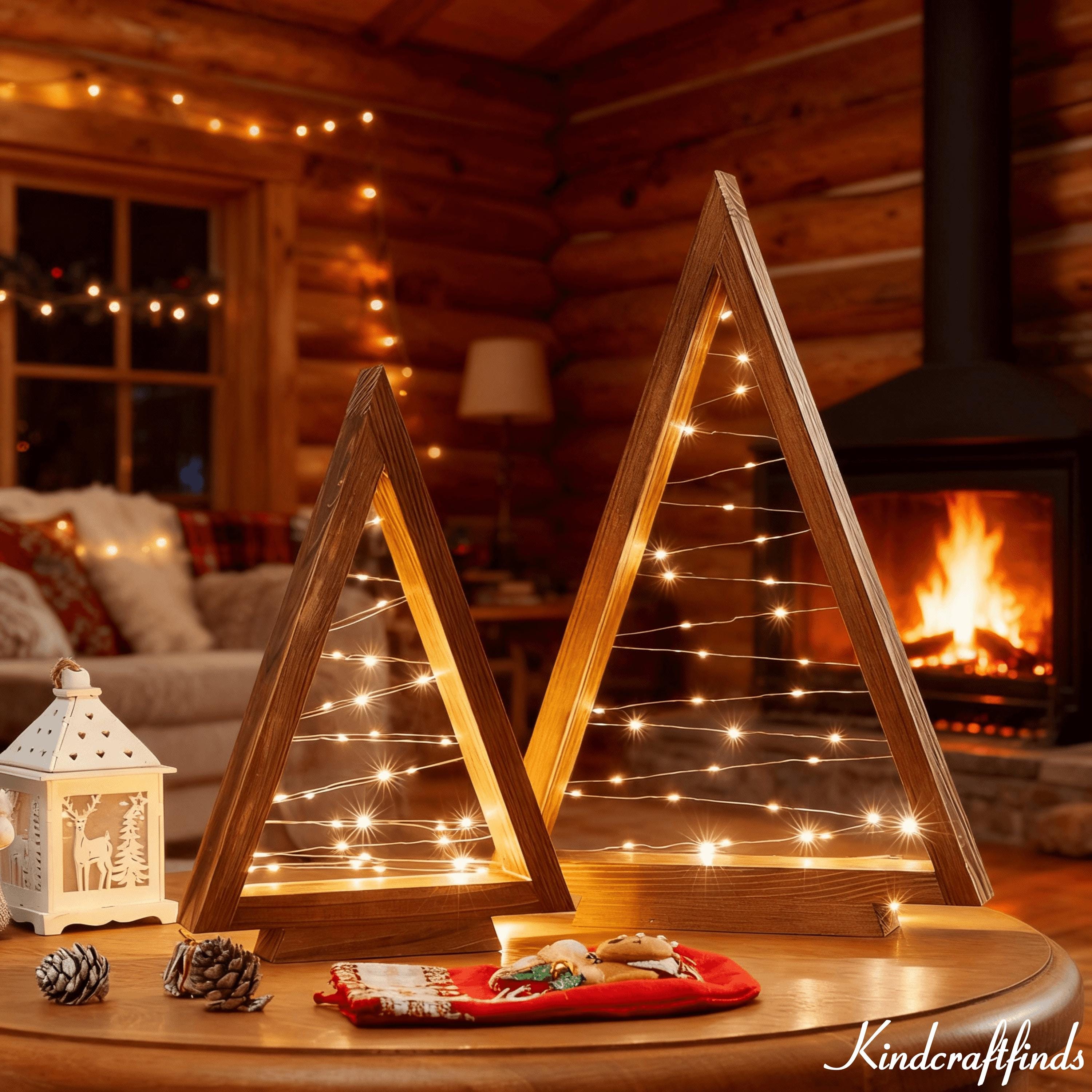 Set of 2 Lighted Wooden Christmas Trees, Rustic Farmhouse Tabletop ...