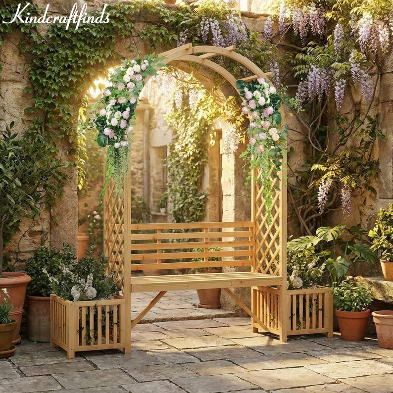Wooden Garden Arbor Bench With Planters, Outdoor Arch Trellis Seat - Etsy