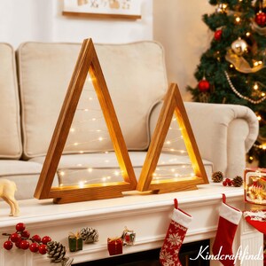 Set of 2 Lighted Wooden Christmas Trees, Rustic Farmhouse Tabletop ...