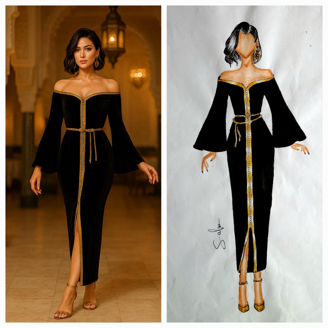 Handmade Moroccan Caftan Fashion Illustration | Green & Gold Dress ...