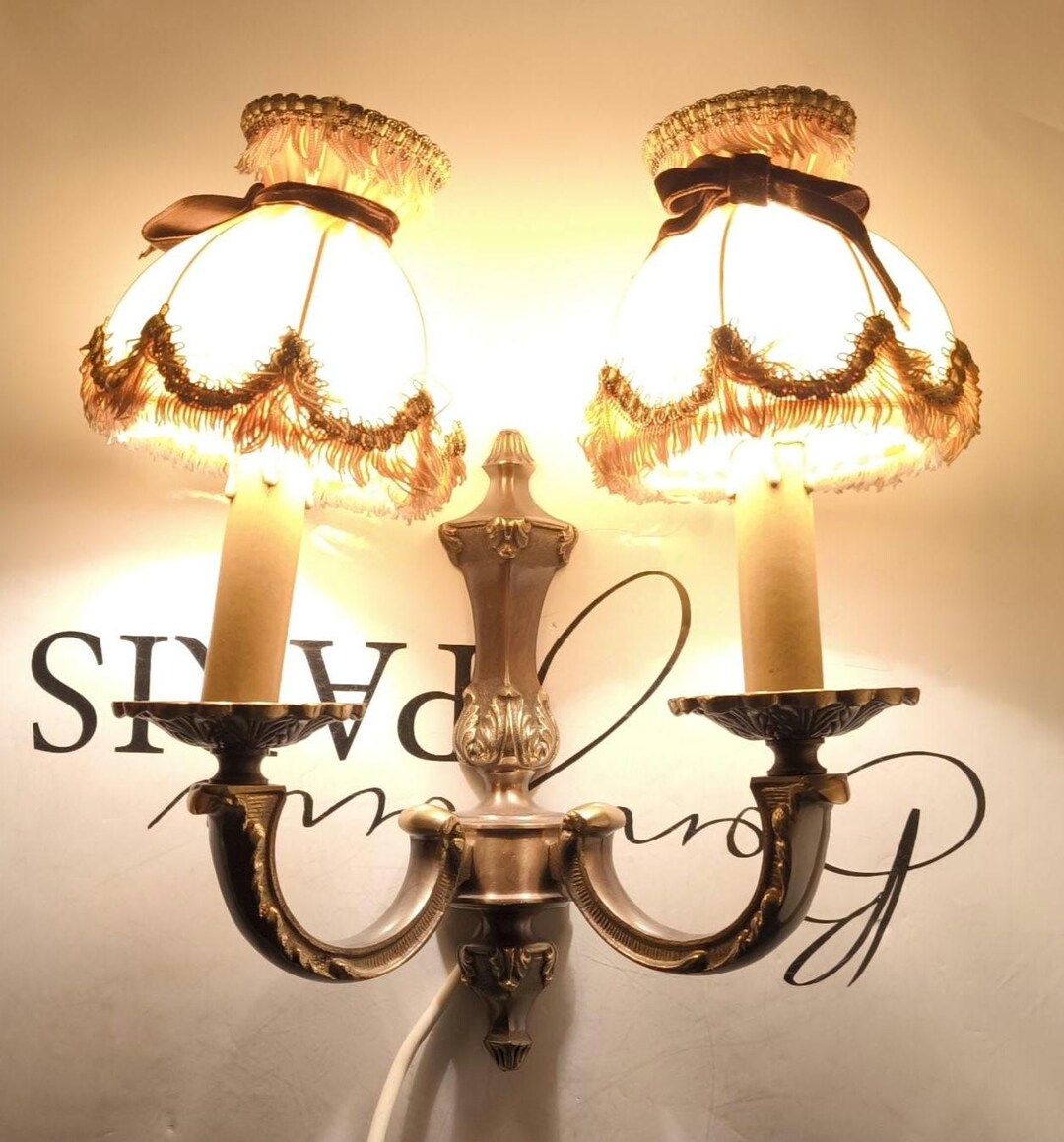 Vintage Rococo Wall Sconce Double Arm With Fabric Shades, 1970s ...