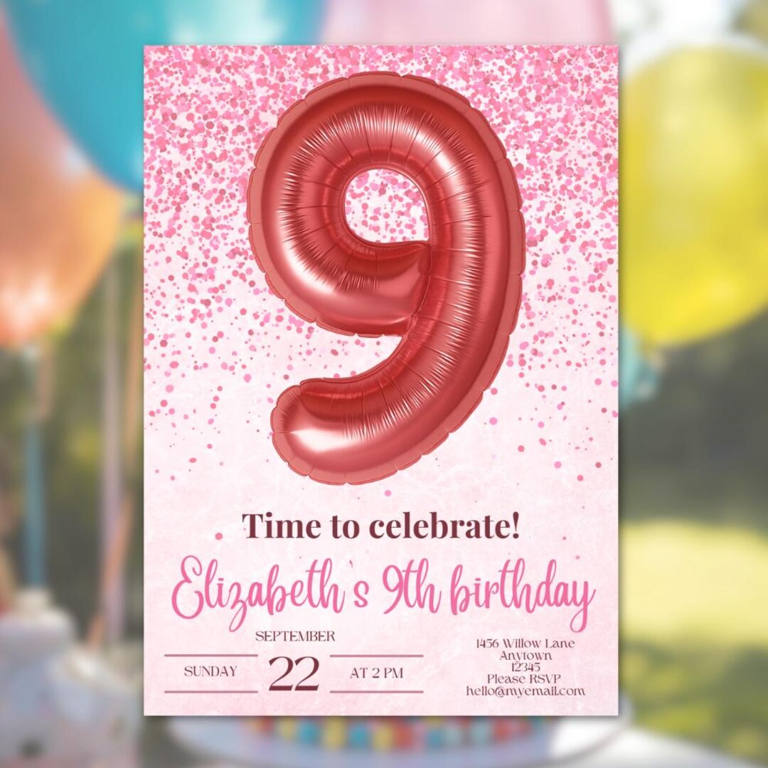 Pink Balloon Ninth Birthday Invitation Template: 9th Birthday Party ...