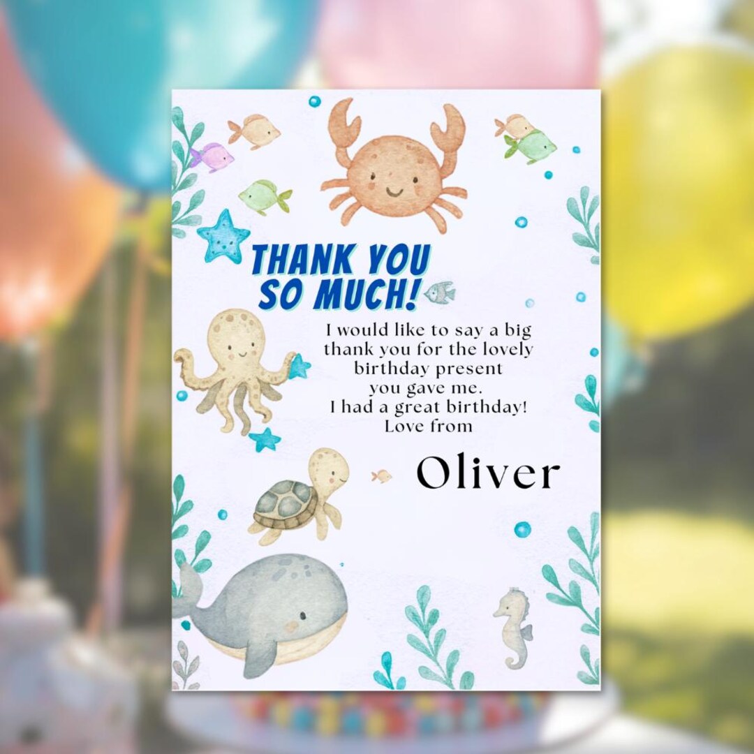 Blue Under the Sea Birthday Thank You Card: Printable Template ...