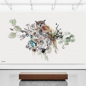 Large Boho Wall Art Print, Original Owl Painting, Owl Decor, Bohemian ...