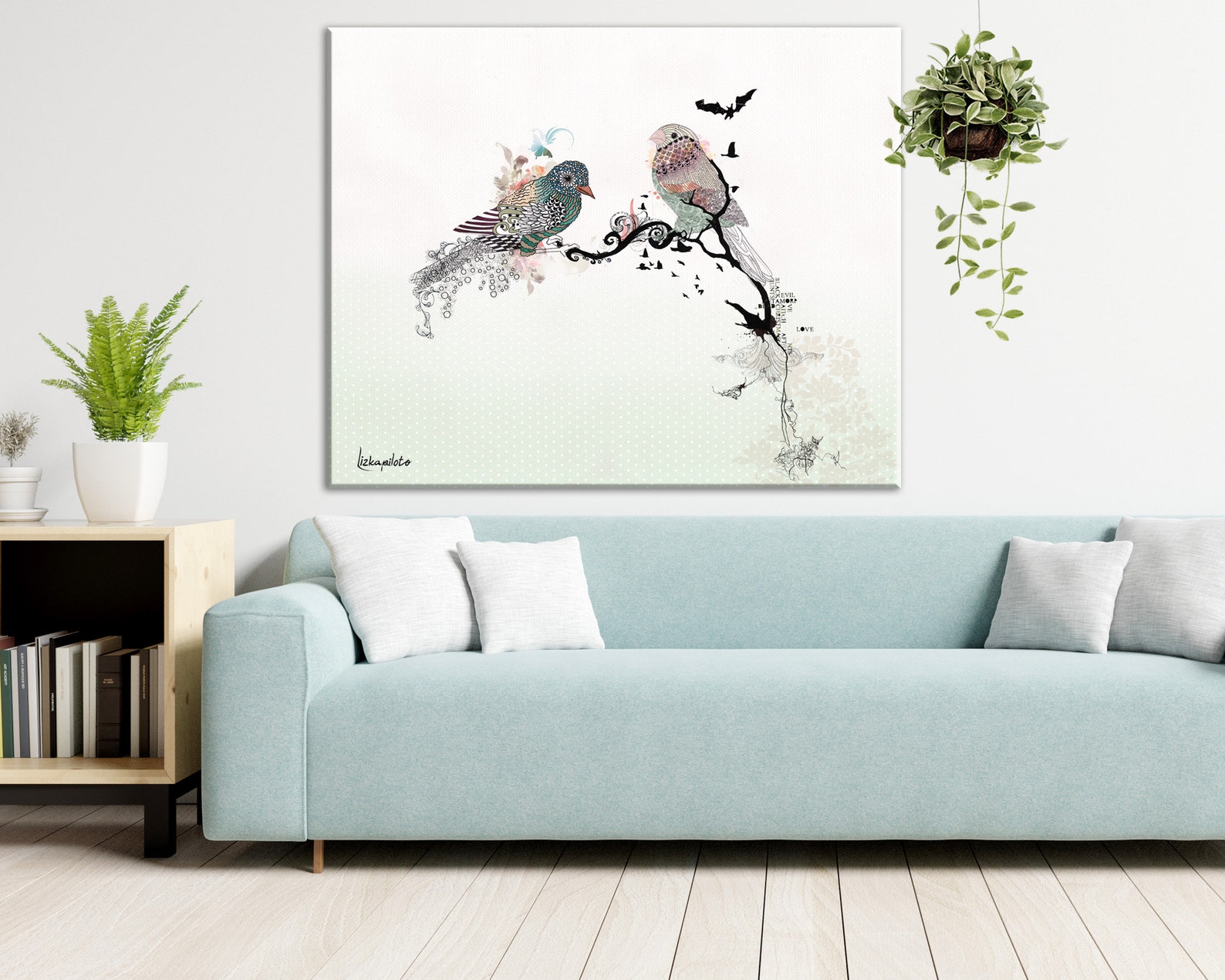 Large Print on Canvas, Large Wall Art, Watercolor Painting, Love Birds ...