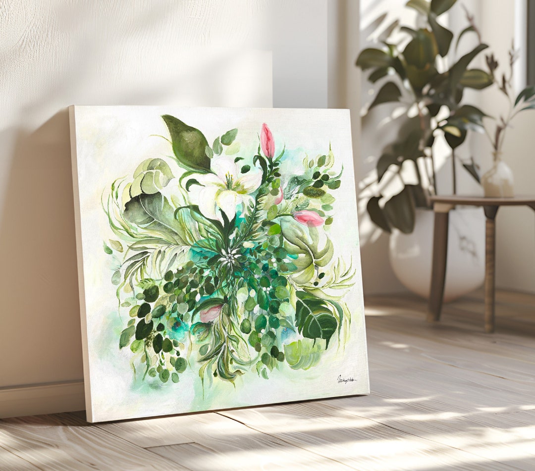 Original Green Flower Painting on Canvas, Abstract Floral Painting ...
