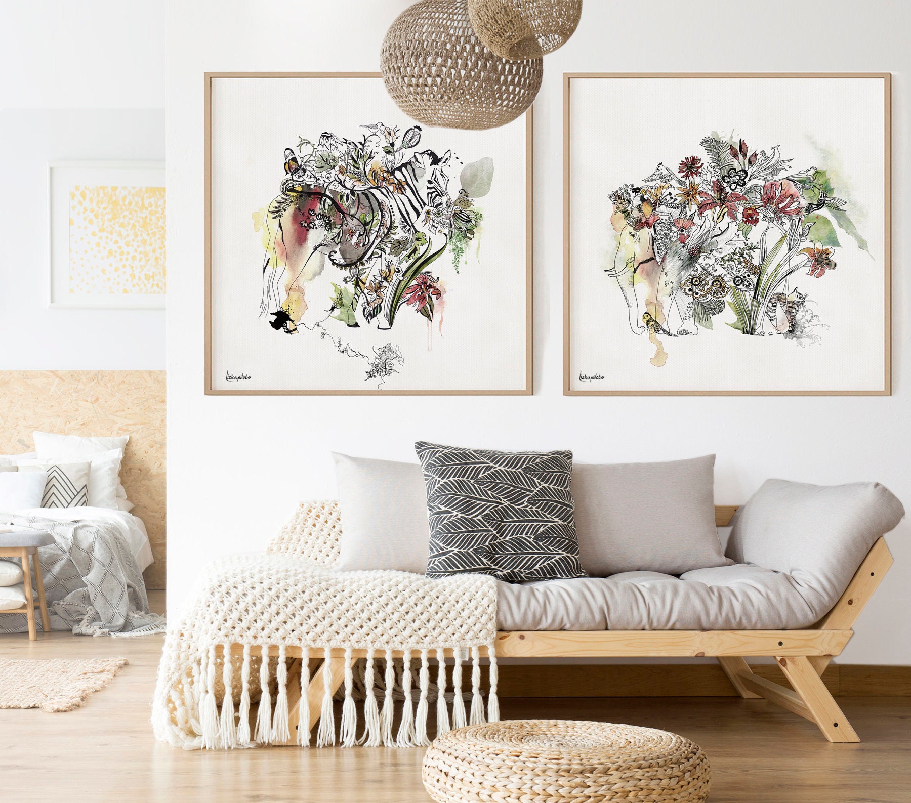Animal Paintings, Set of 2 Prints, Watercolor Print Set, Set of 2 Wall ...