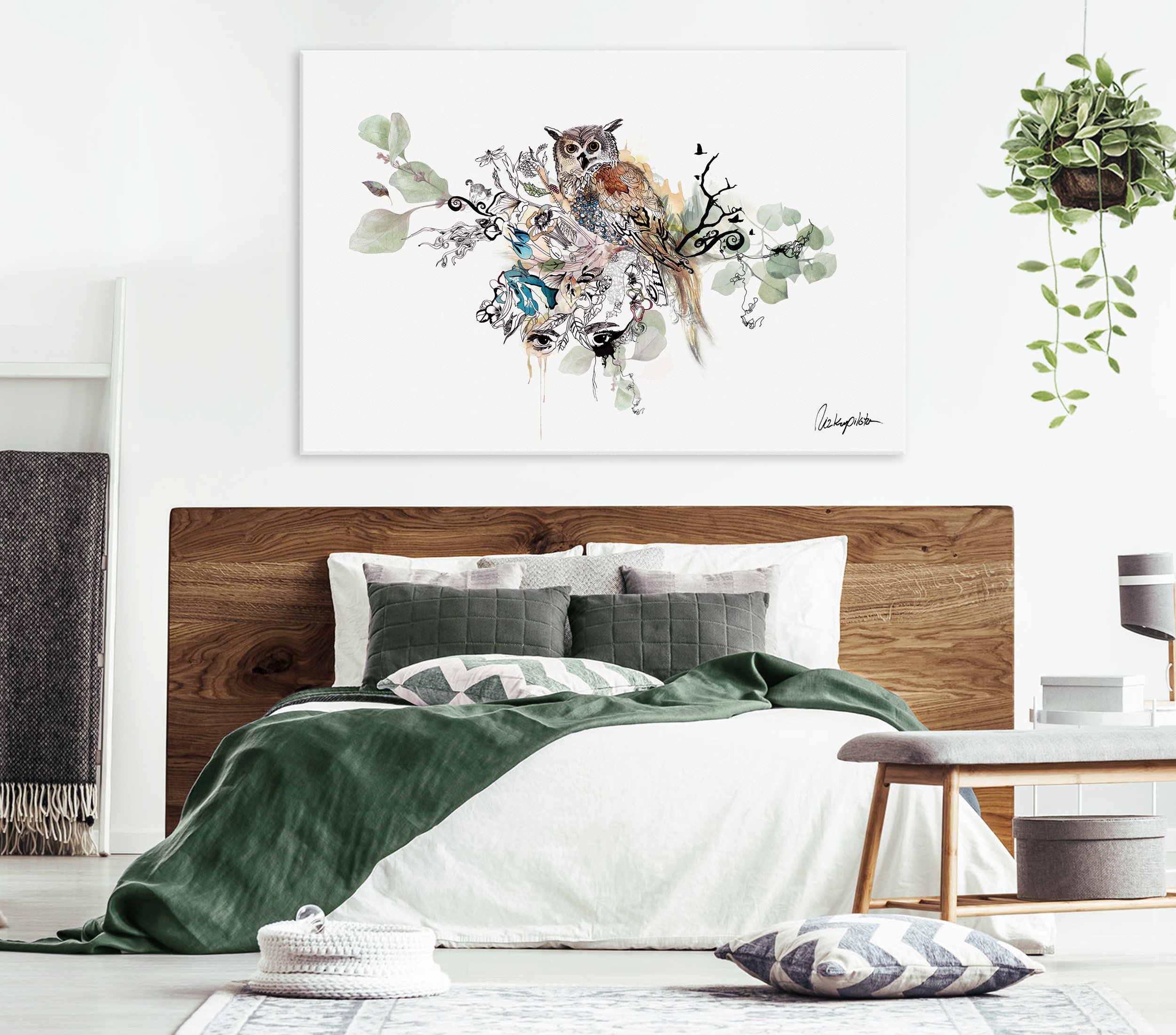 Large Boho Wall Art Print, Original Owl Painting, Owl Decor, Bohemian ...