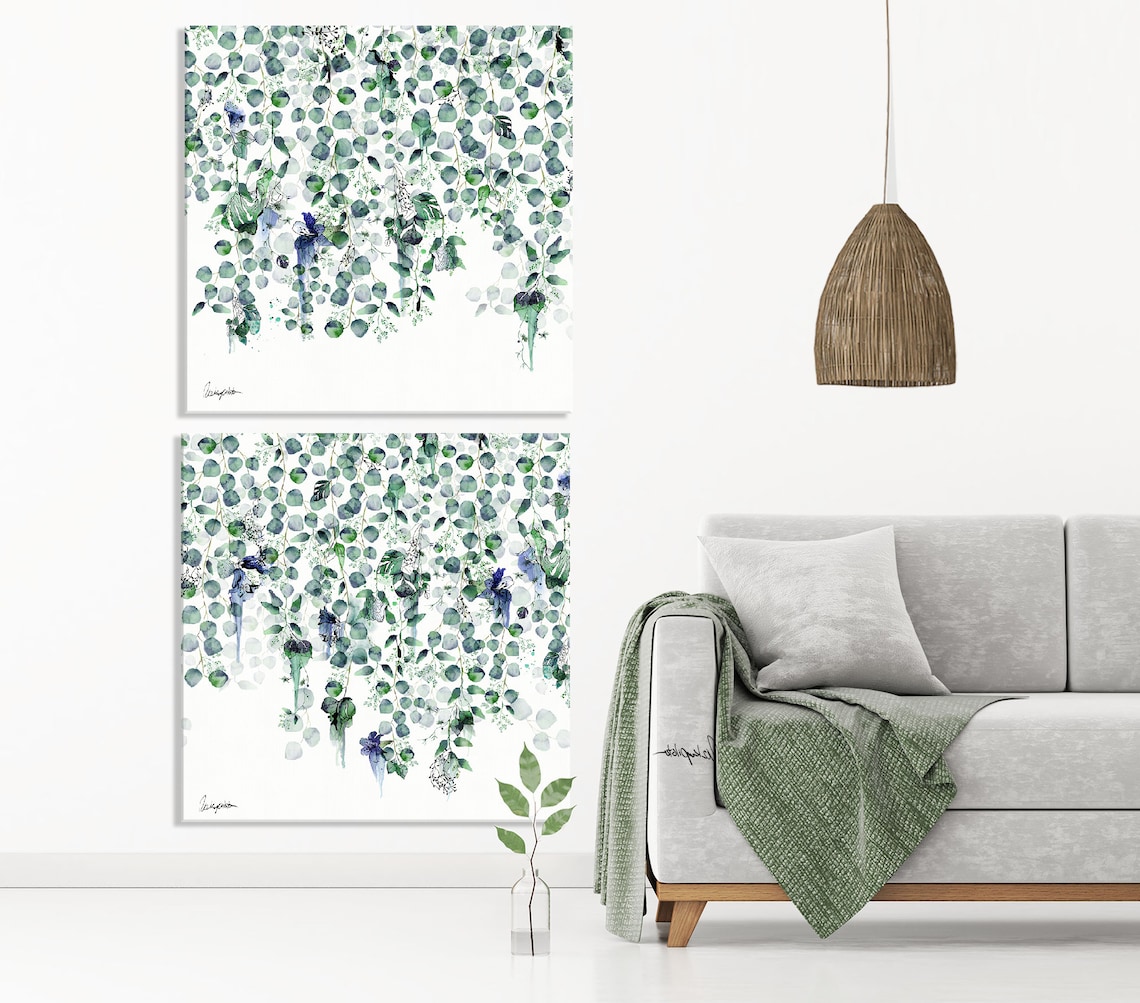 Set of 2 Canvas Art Green Botanical Painting Extra Large | Etsy