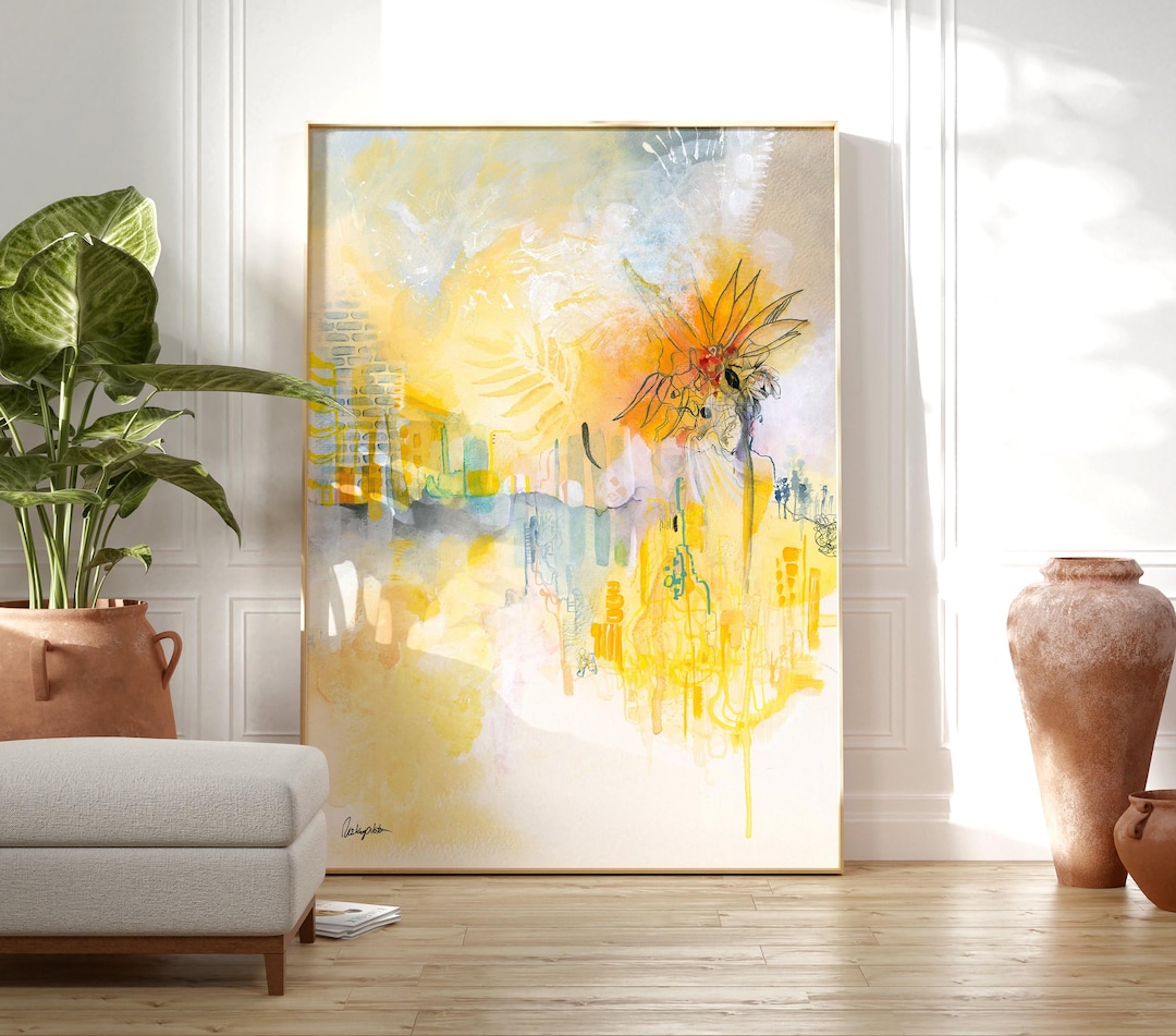 Yellow Abstract Painting, Modern Cityscape Wall Art, Abstract Urban ...