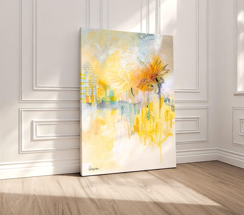 Yellow Abstract Painting, Modern Cityscape Wall Art, Abstract Urban ...