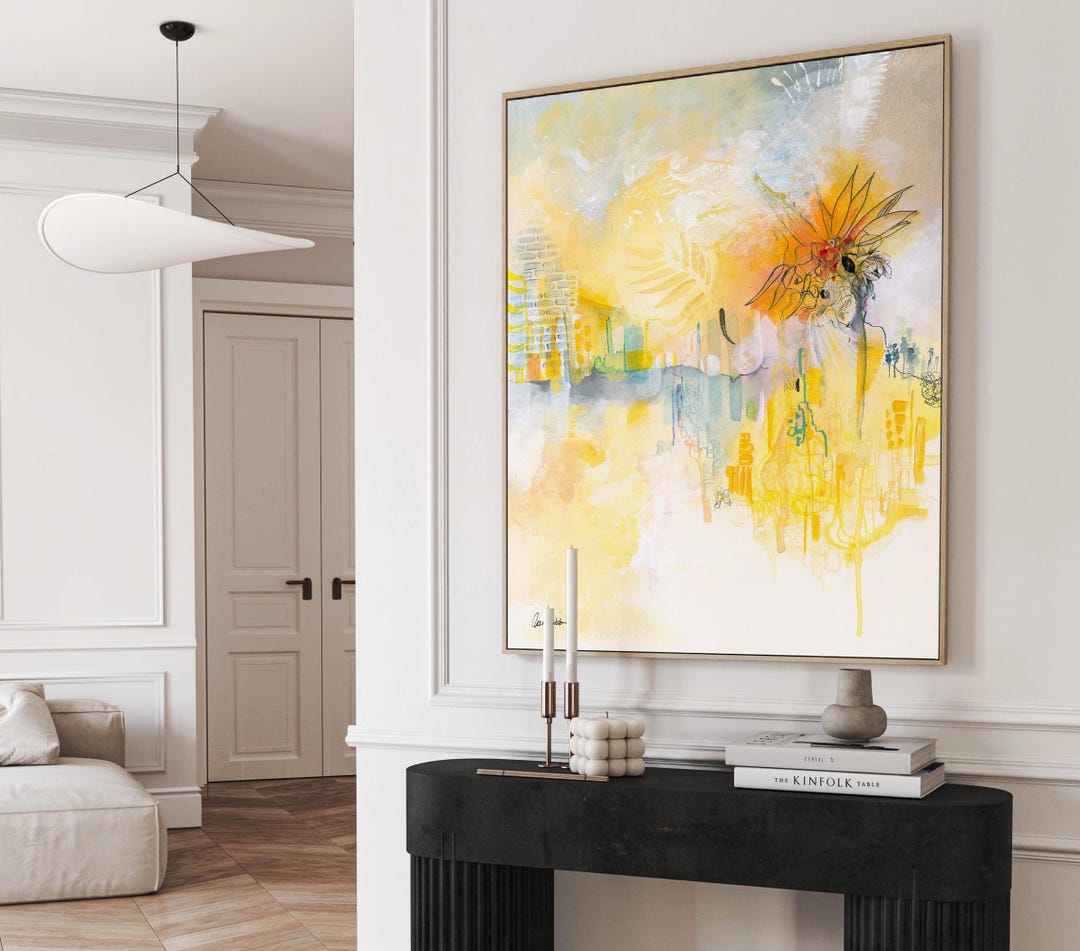 Abstract Yellow Watercolor Painting, Geometric Abstract Wall Art ...