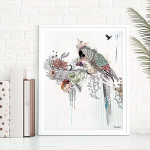Bird Art, Parrot Ink Drawing, Colorful Art, Collage Painting - Etsy UK