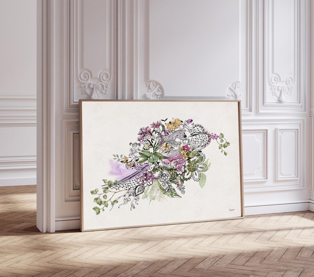 Whimsical Botanical Bird Art Print, Watercolor Floral Line Drawing on ...