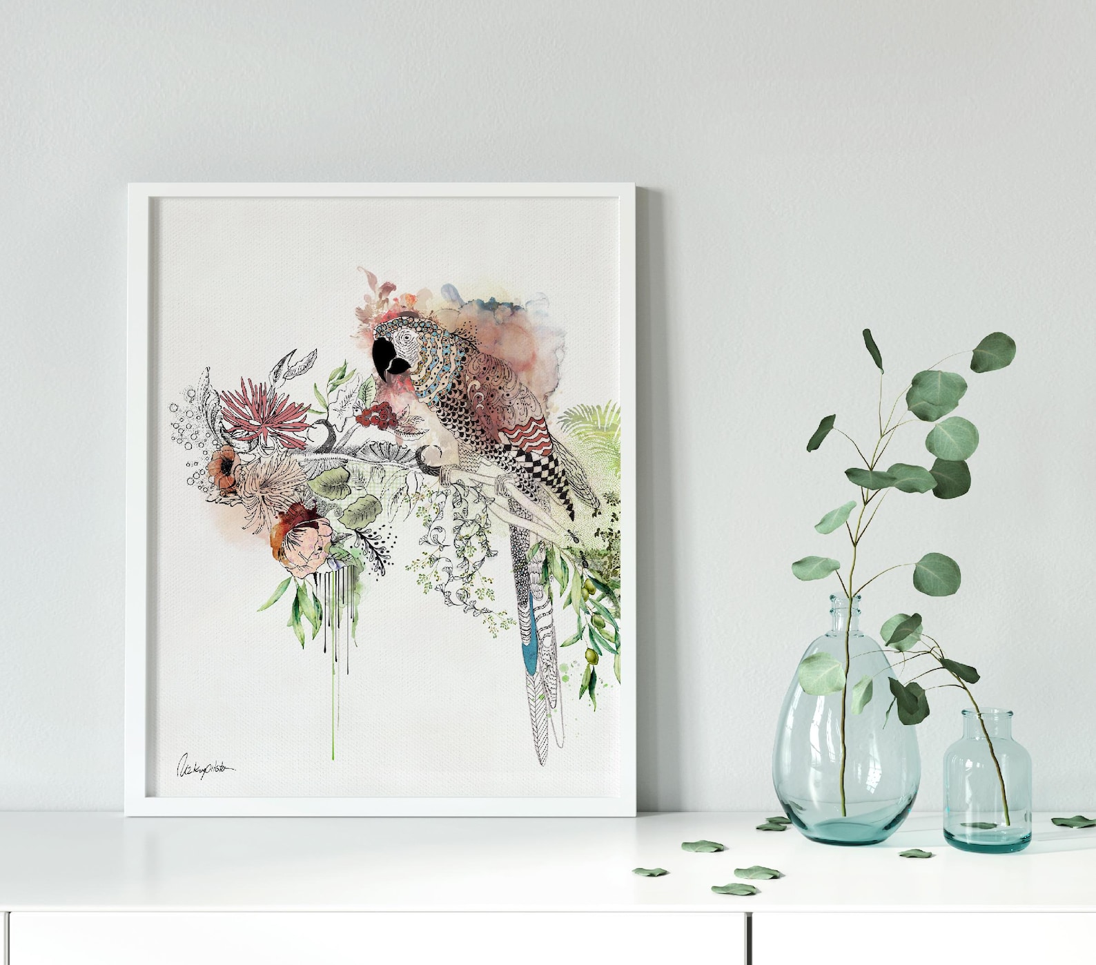 Bird Art, Parrot Ink Drawing, Colorful Art, Collage Painting - Etsy