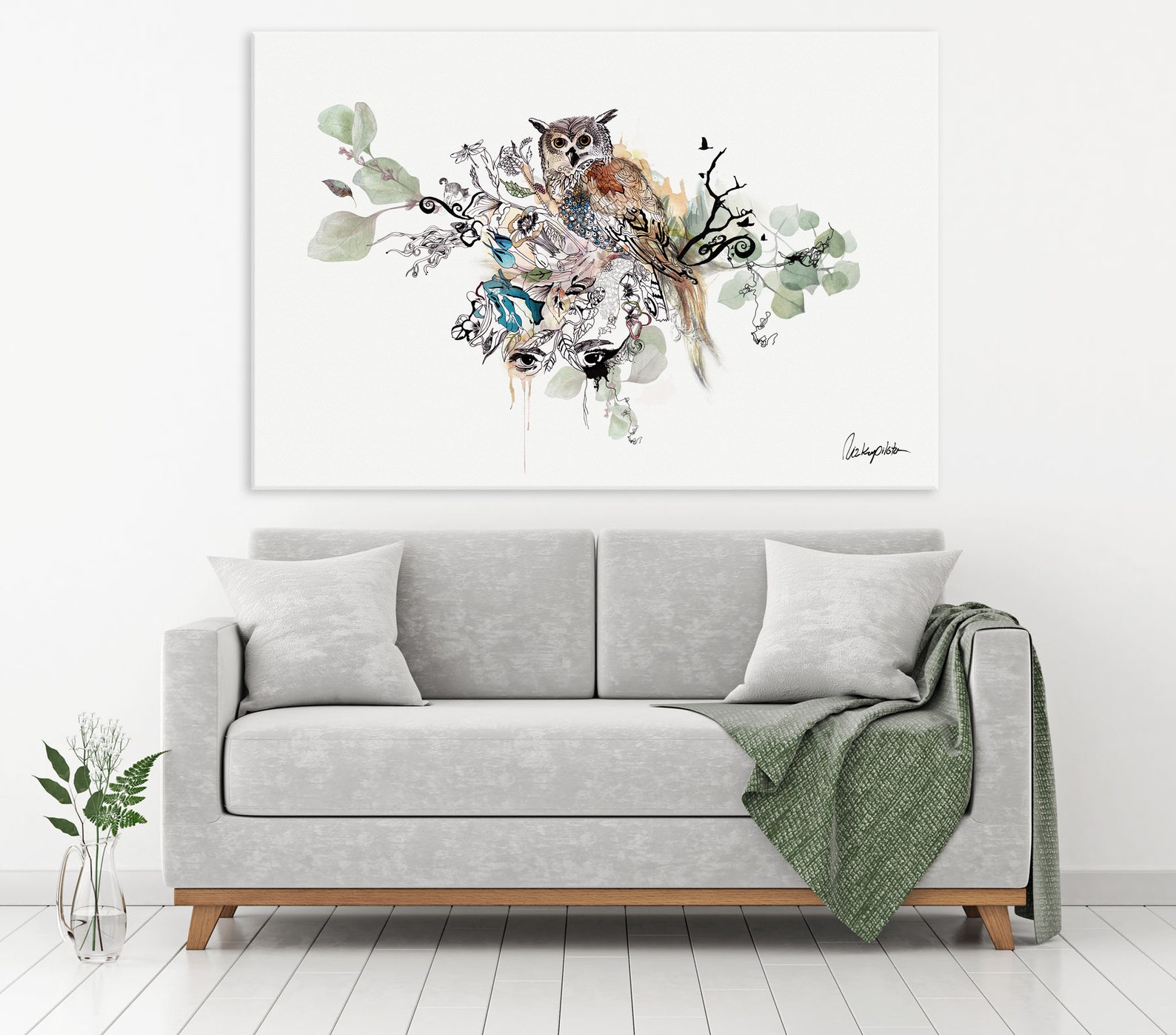 Large Boho Wall Art Print, Original Owl Painting, Owl Decor, Bohemian ...