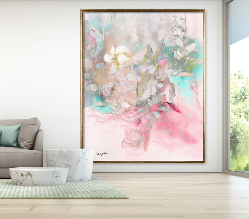 Large Art Print, Abstract Pink Flower Painting, Pastel Colors ...