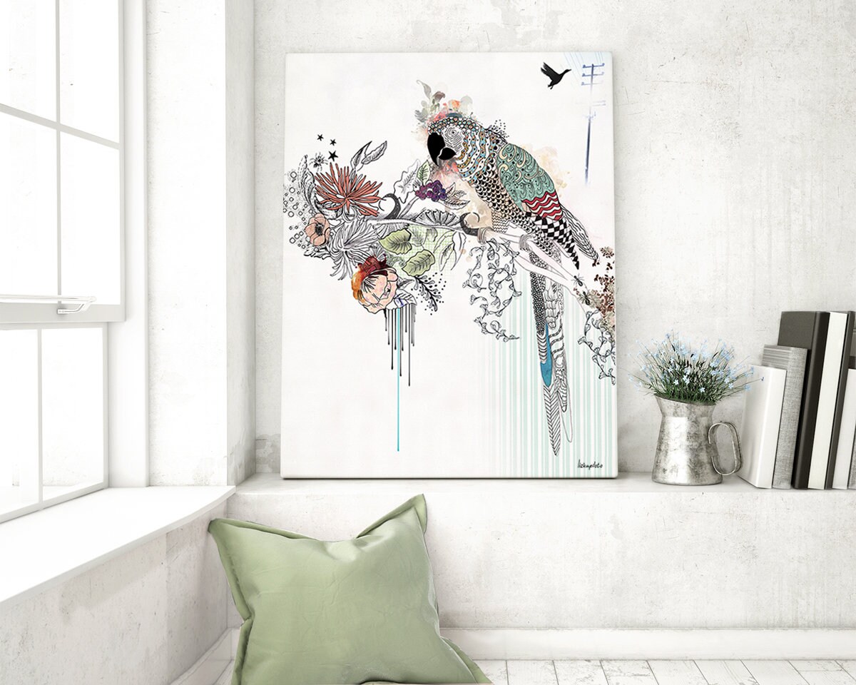 Bird Art, Parrot Ink Drawing, Colorful Art, Collage Painting - Etsy UK