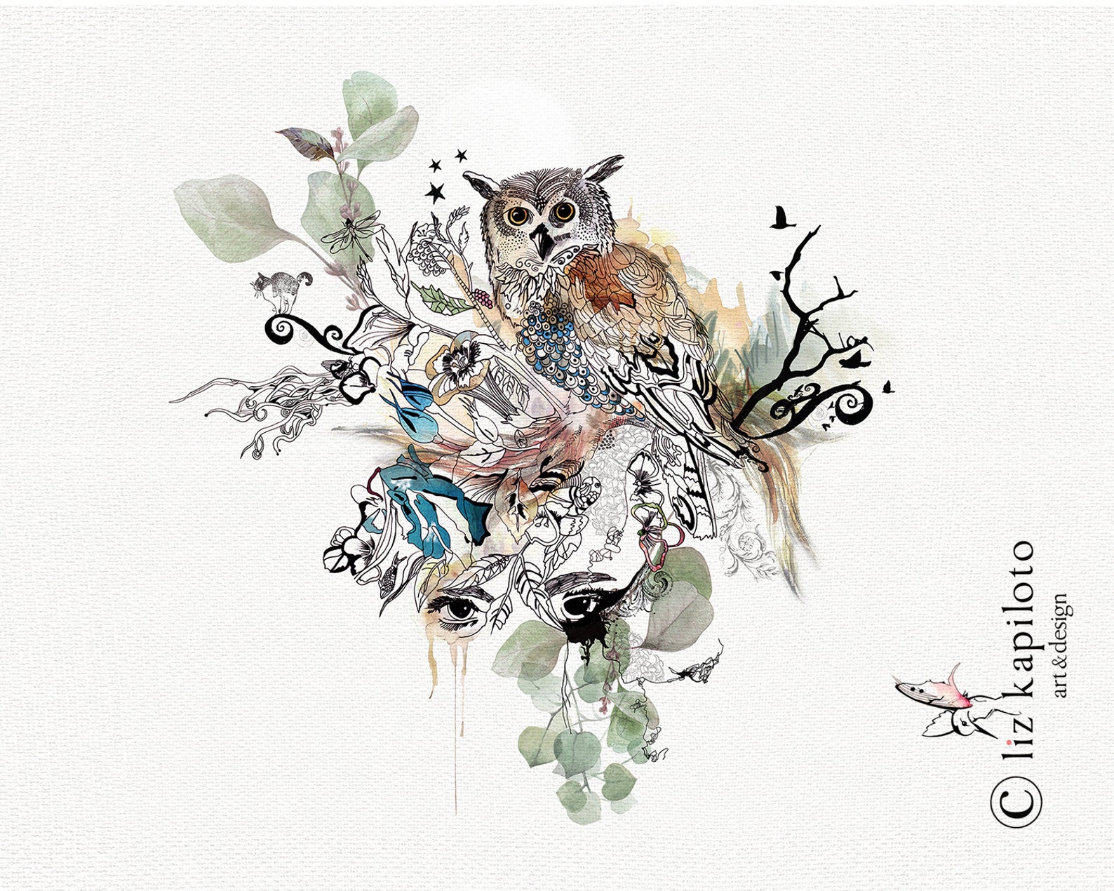 Owl Boho Wall Art, Watercolor Owl Painting, Original Painting, Owl ...