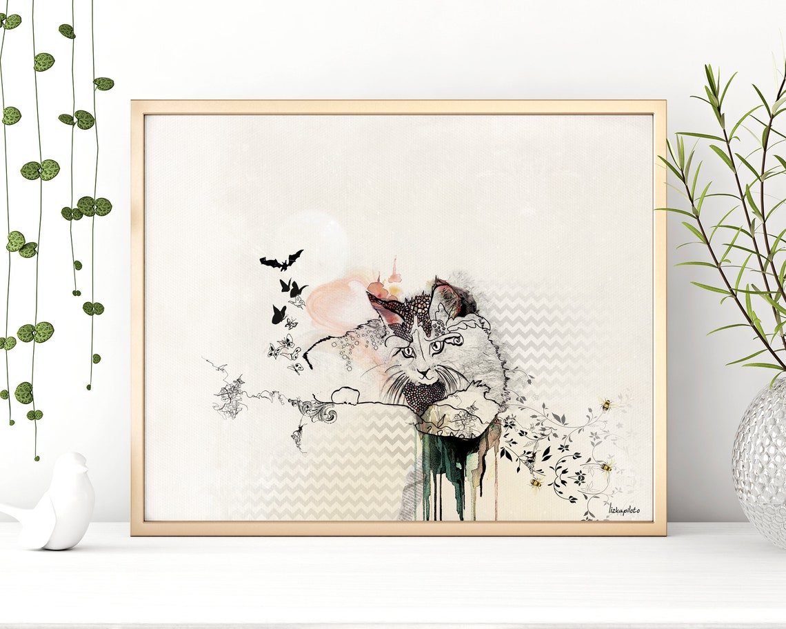 Cat Art Print Pen and Ink Art Cat Illustration Collage Art | Etsy