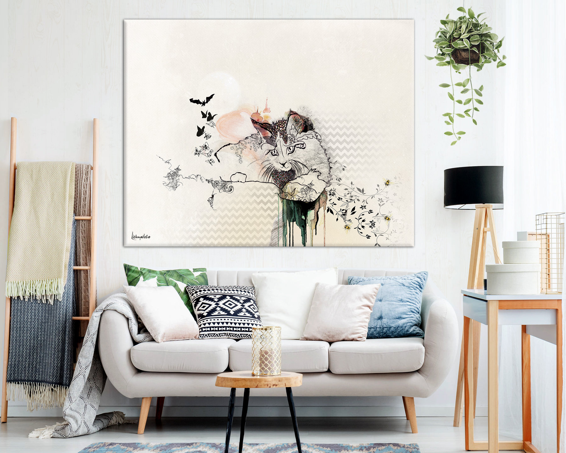 Whimsical Cat Art Animal Print Large Cat Painting Archival | Etsy