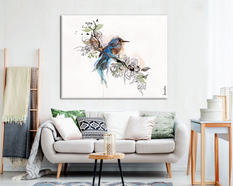 Bird Canvas Art, Large Canvas Print, Original Watercolor Painting, Blue ...