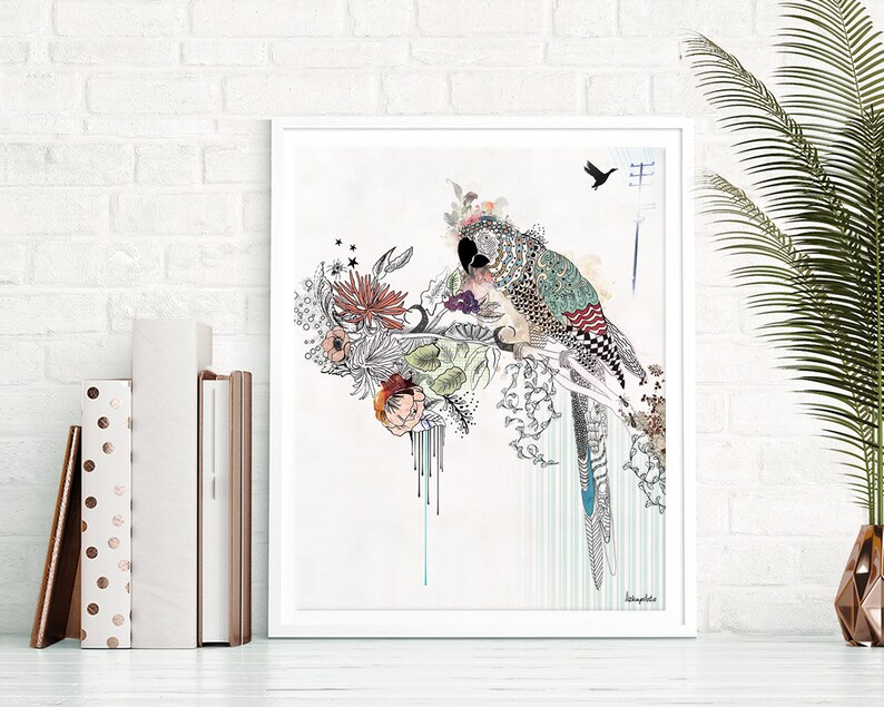 Bird Art, Parrot Ink Drawing, Colorful Art, Collage Painting - Etsy