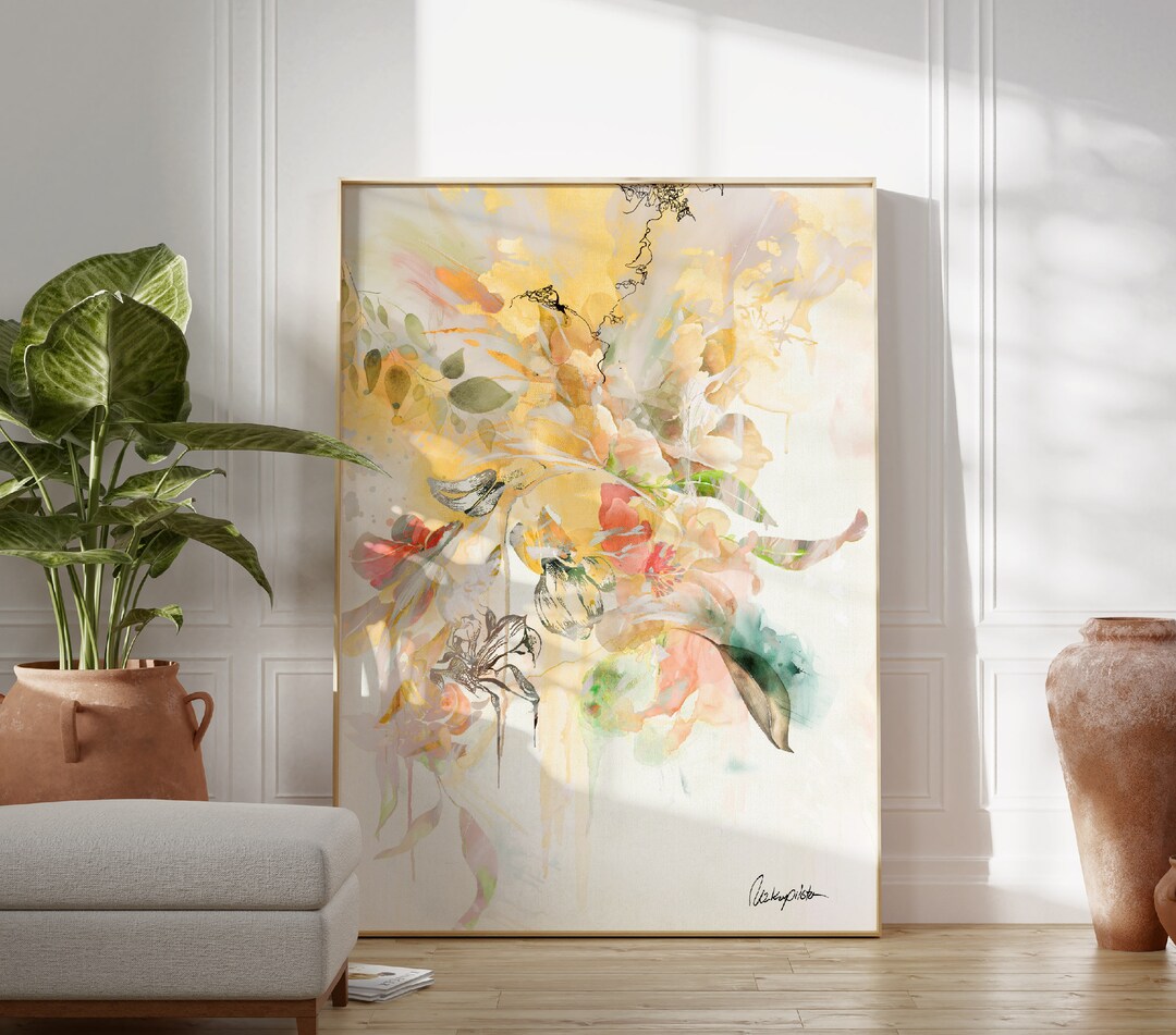 Gold Yellow Abstract Wall Art, Minimalist Abstract Watercolor Painting ...