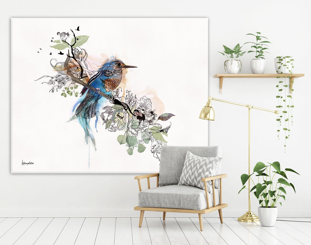 Bird Canvas Art, Large Canvas Print, Original Watercolor Painting, Blue ...