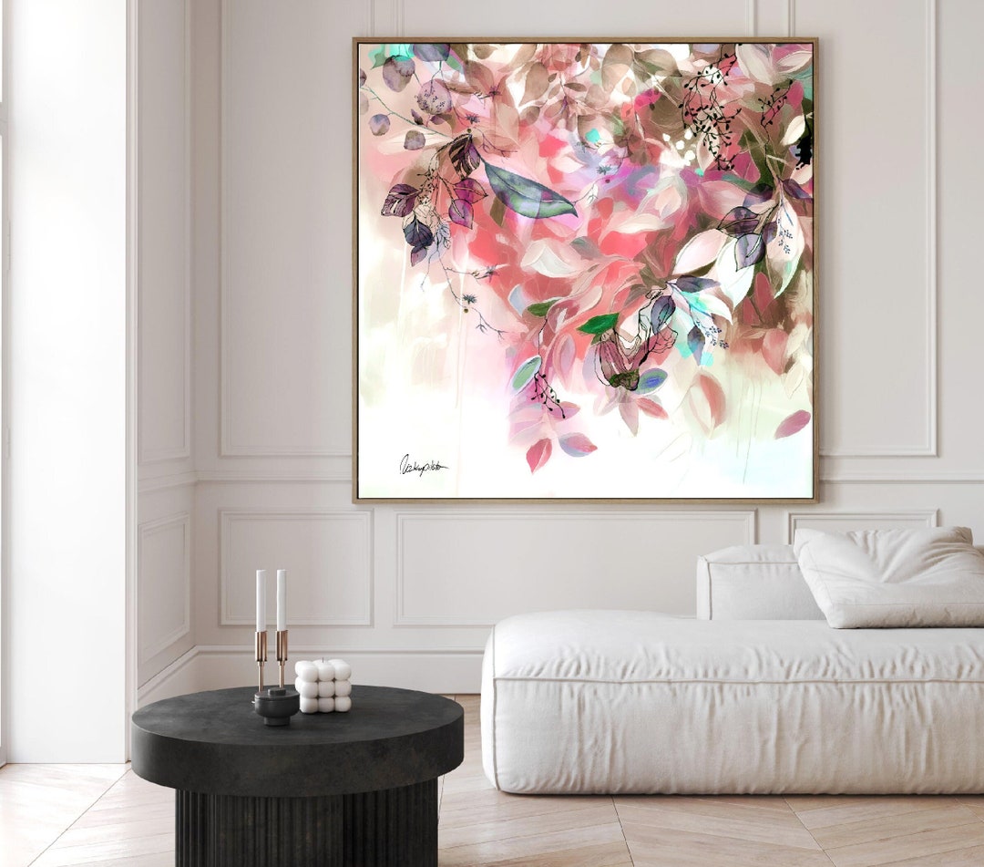 Pink Abstract Floral Painting, Large Wall Art Oversized, Pastel Pink ...