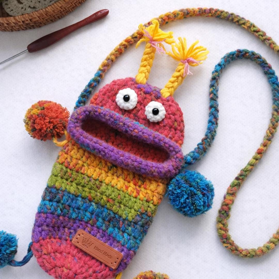 Handmade Crochet Monster Cell Phone Bag: Rainbow Yarn Crossbody Knit ...