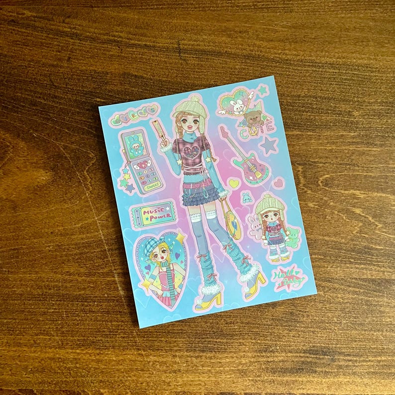 Heart Holographic Anime Girl Stickers Sheet Y2k Japanese Heisei Style ...