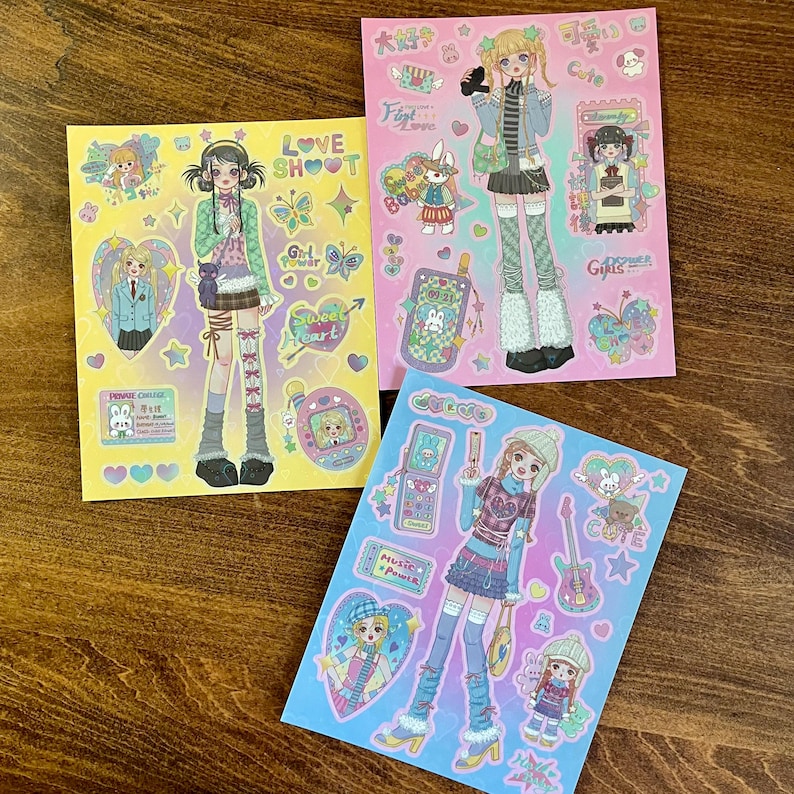 Heart Holographic Anime Girl Stickers Sheet Y2k Japanese Heisei Style ...