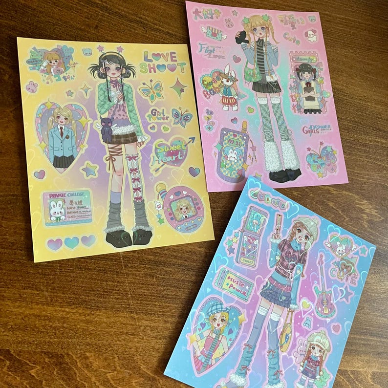 Heart Holographic Anime Girl Stickers Sheet Y2k Japanese Heisei Style ...