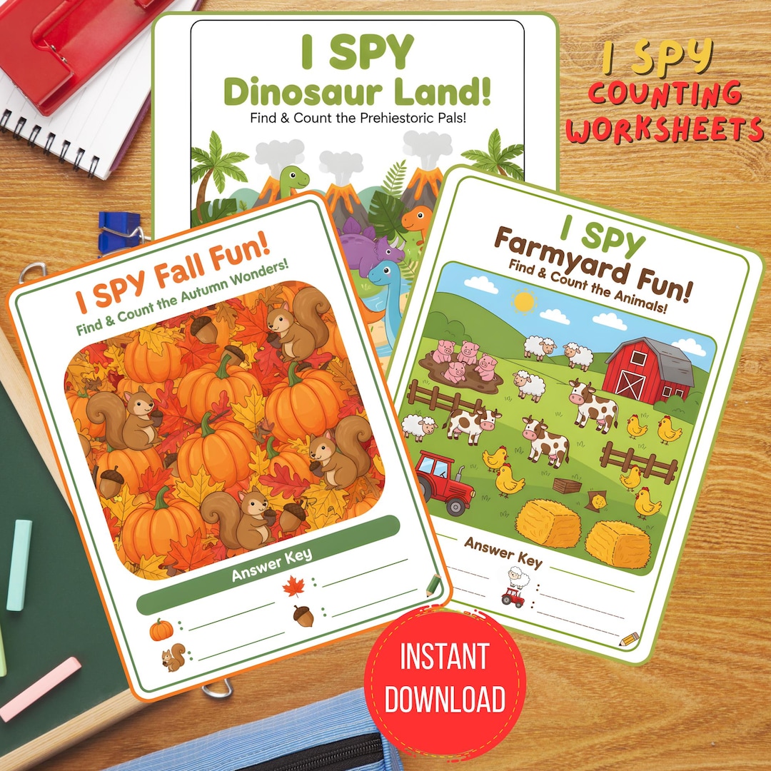 I Spy Counting Worksheets Bundle, Preschool Activity Printable, Toddler ...