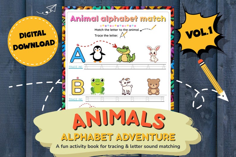 Animal Alphabet Tracing Worksheets, Letter Sound Matching (digital ...