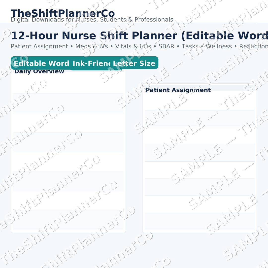 Nurse Shift Planner for 12 Hour Shifts | Editable DOCX + PDF | SBAR ...